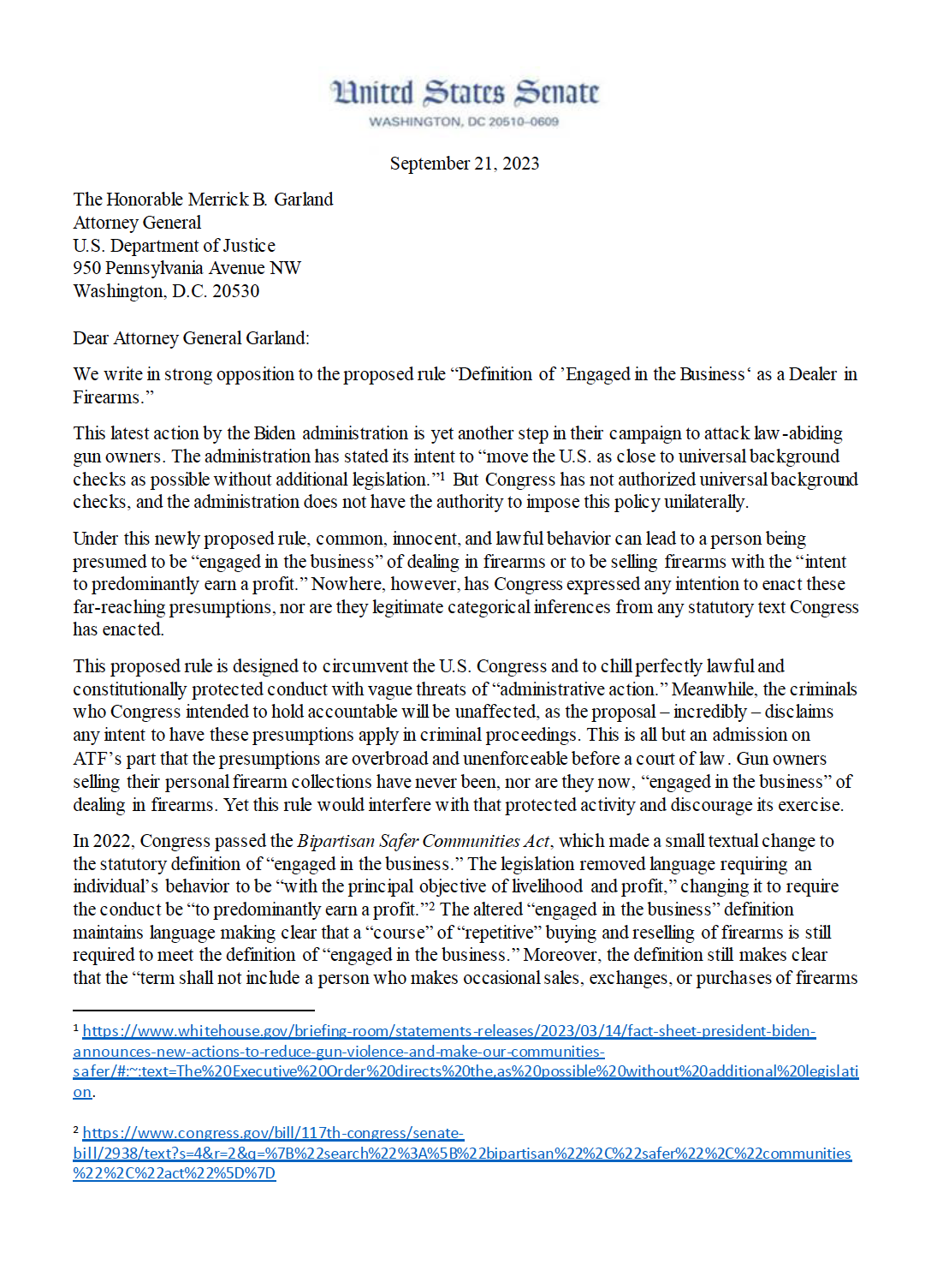 Sen. Marshall Leads Letter To DOJ on Attacks On Second Amendment ...